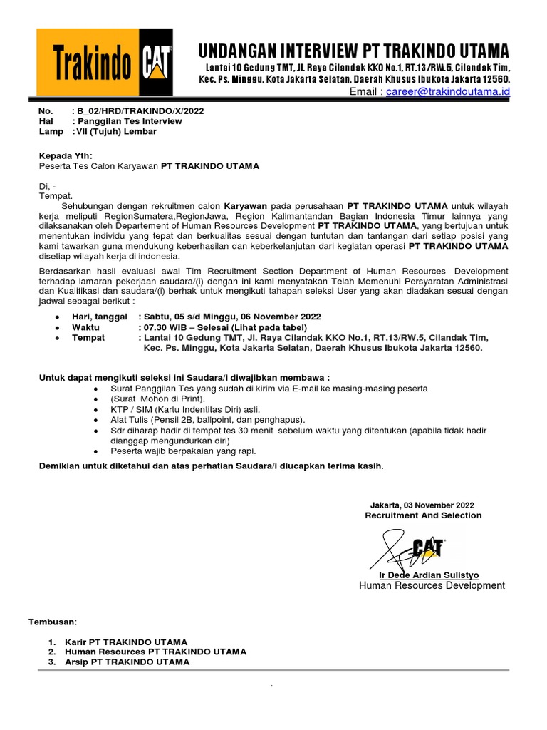 Lampiran Undangan Interview PT Trakindo Utama (TRAKINDO) | PDF