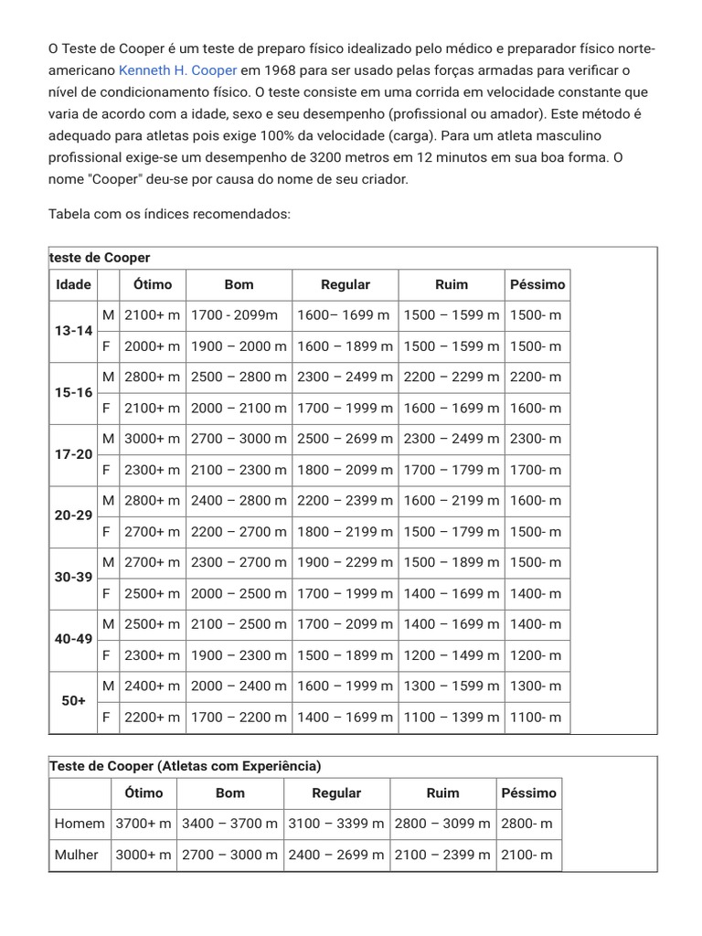 Teste de Cooper - Wikipédia, A Enciclopédia Livre | PDF
