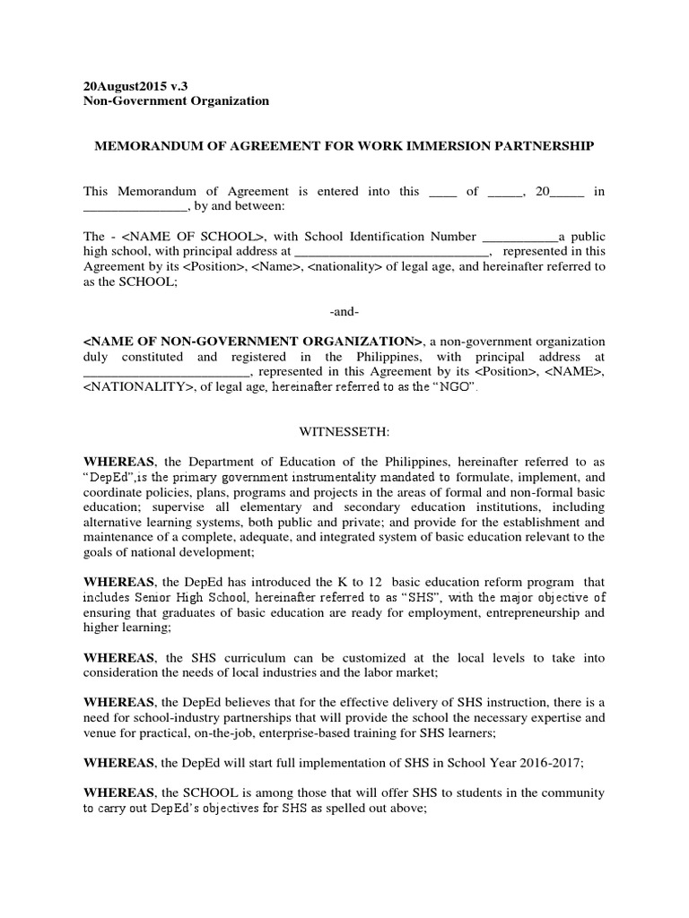 20 Aug MOA Template For Work Immersion NGO MAD | PDF | Curriculum | Schools