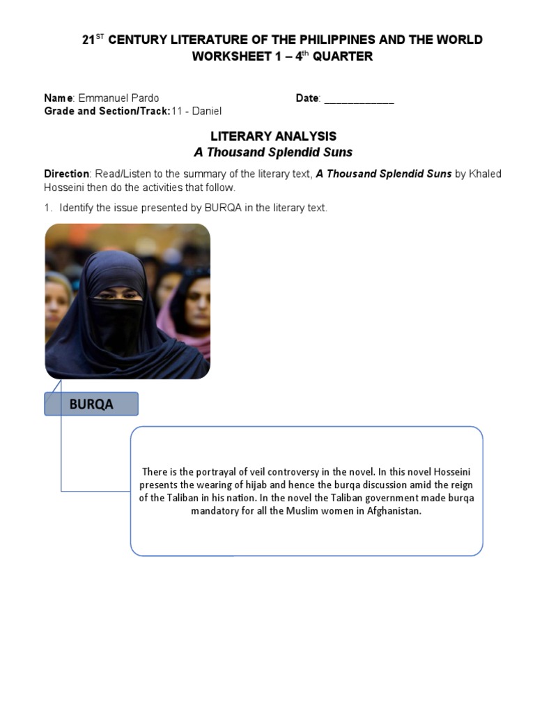 Q4 - WS 1 - A Thousand Splendid Suns | PDF