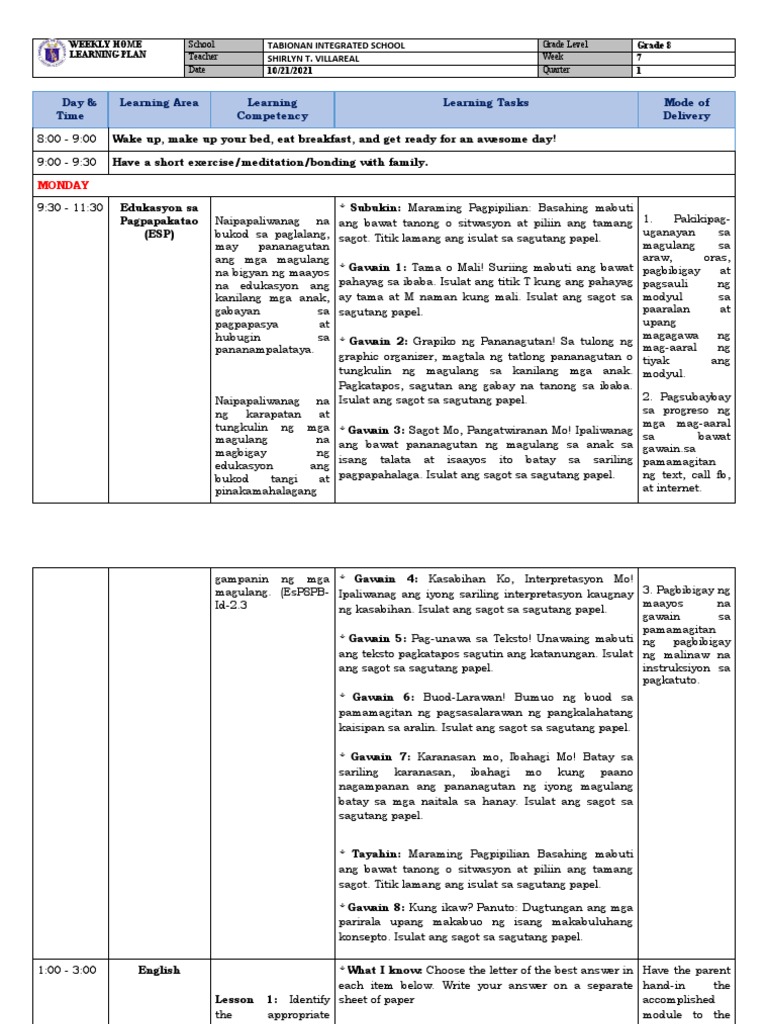 Work Week Plan Grade8 Q1 W7 | PDF
