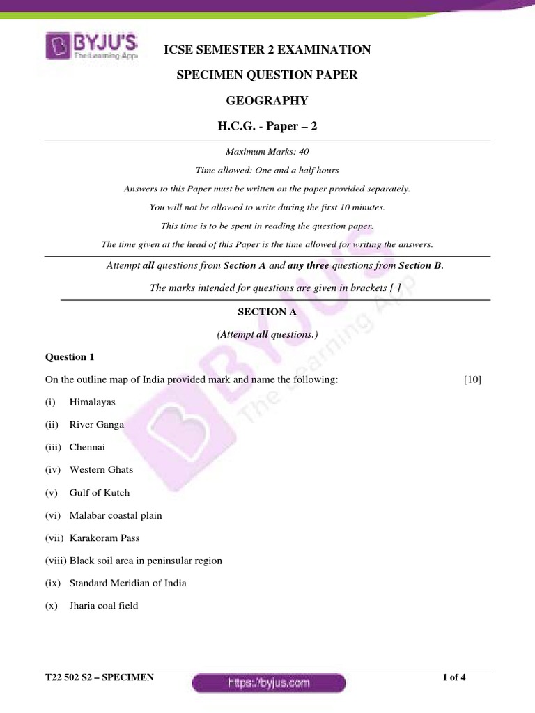 ICSE Class 10 Geography Semester 2 Sample Paper 2022 | PDF ...