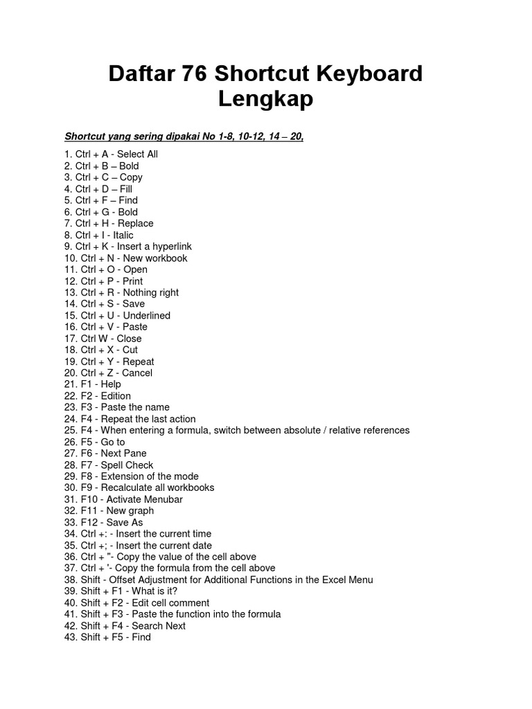 Daftar Lengkap Shortcut Keyboard | PDF | Lembar kerja | Arsitektur Komputer