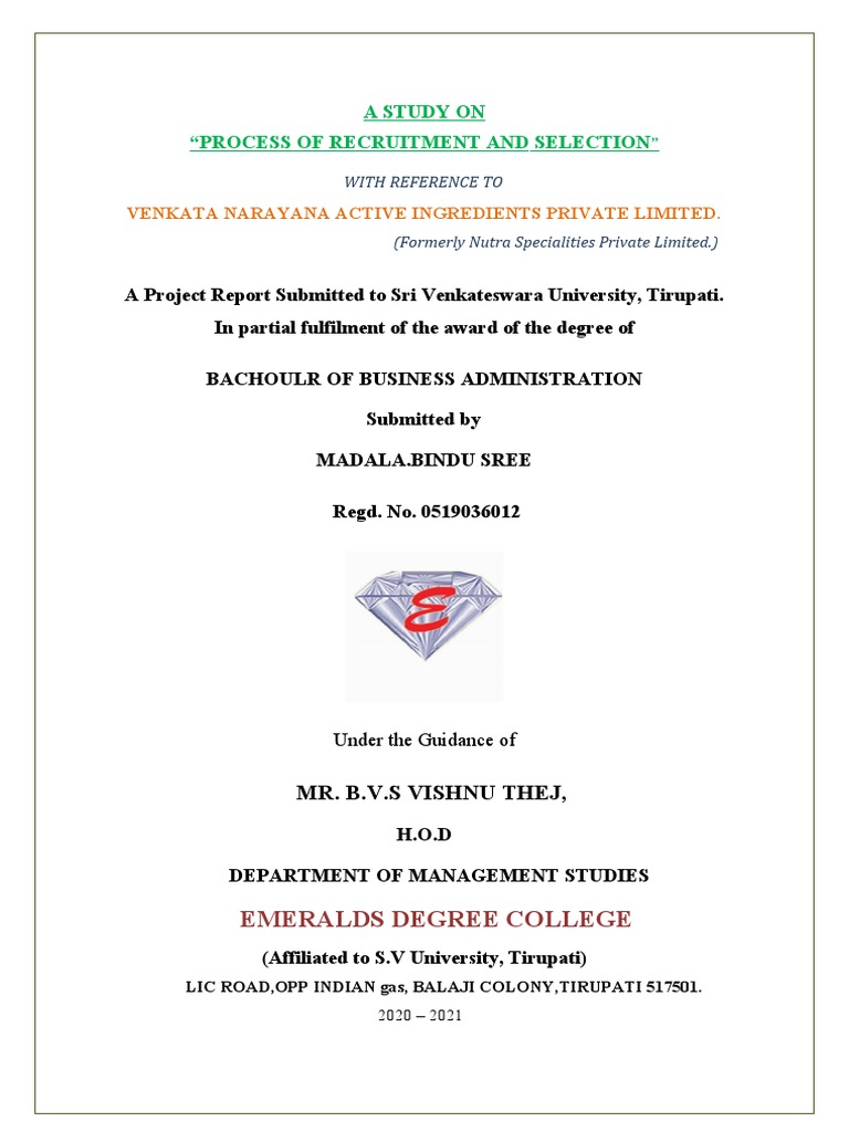 M Bindu Sree Project Work Pdf Recruitment Human Resource Management