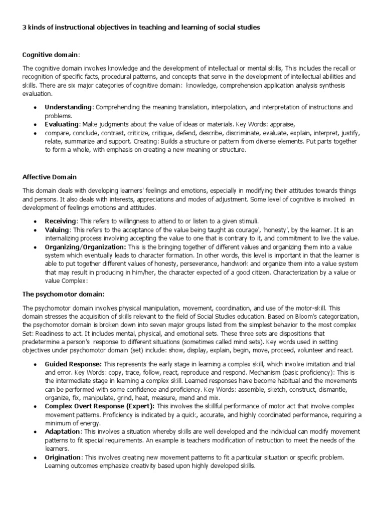 Three Domains of Instructional Objectives in Teaching Social Studies ...