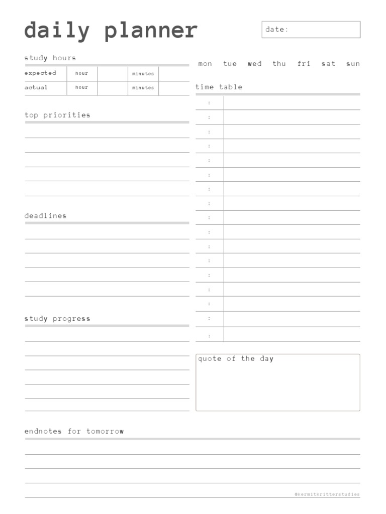 Student Daily Planner (Lower Case) - White | PDF