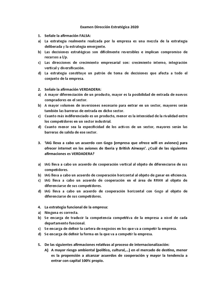 Examen Dirección Estratégica 2020 | PDF | Producto (Negocio) | Cadena de valor