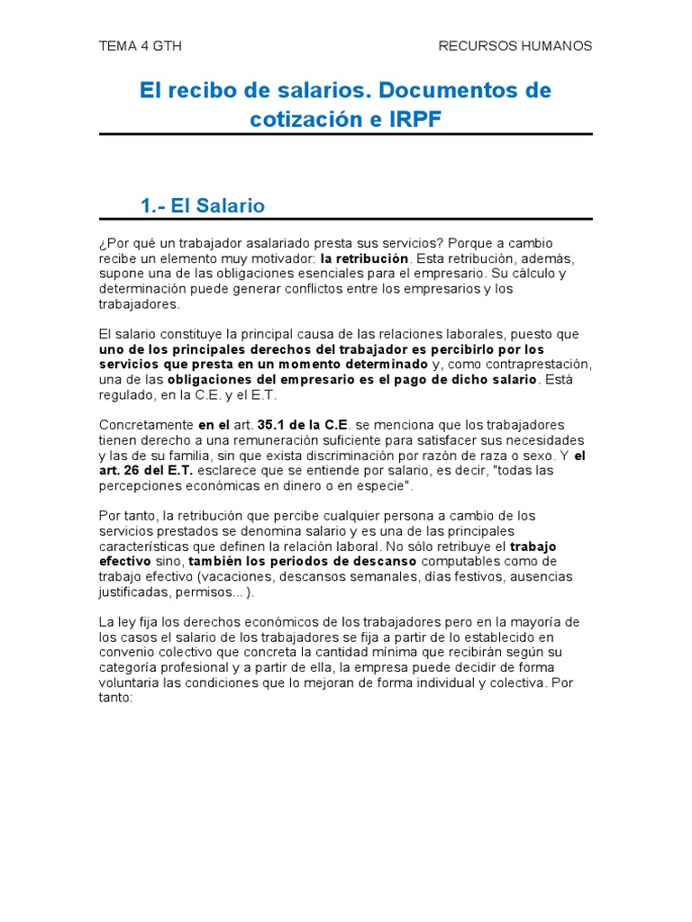TEMA 4. GTH. RRHH El Recibo de Salarios | PDF | Salario | Economias