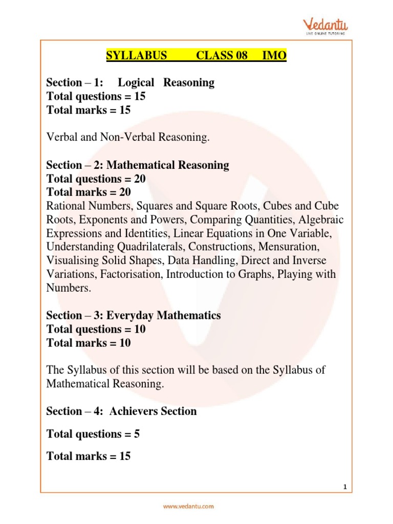 IMO Class 8 Sample Paper For 2022-23 | PDF