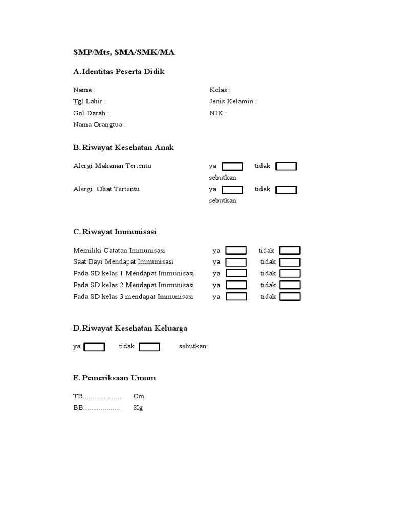 Form Penjaringan Kesehatan Dan Berkala Usia Sekolah Dan Remaja SMP | PDF