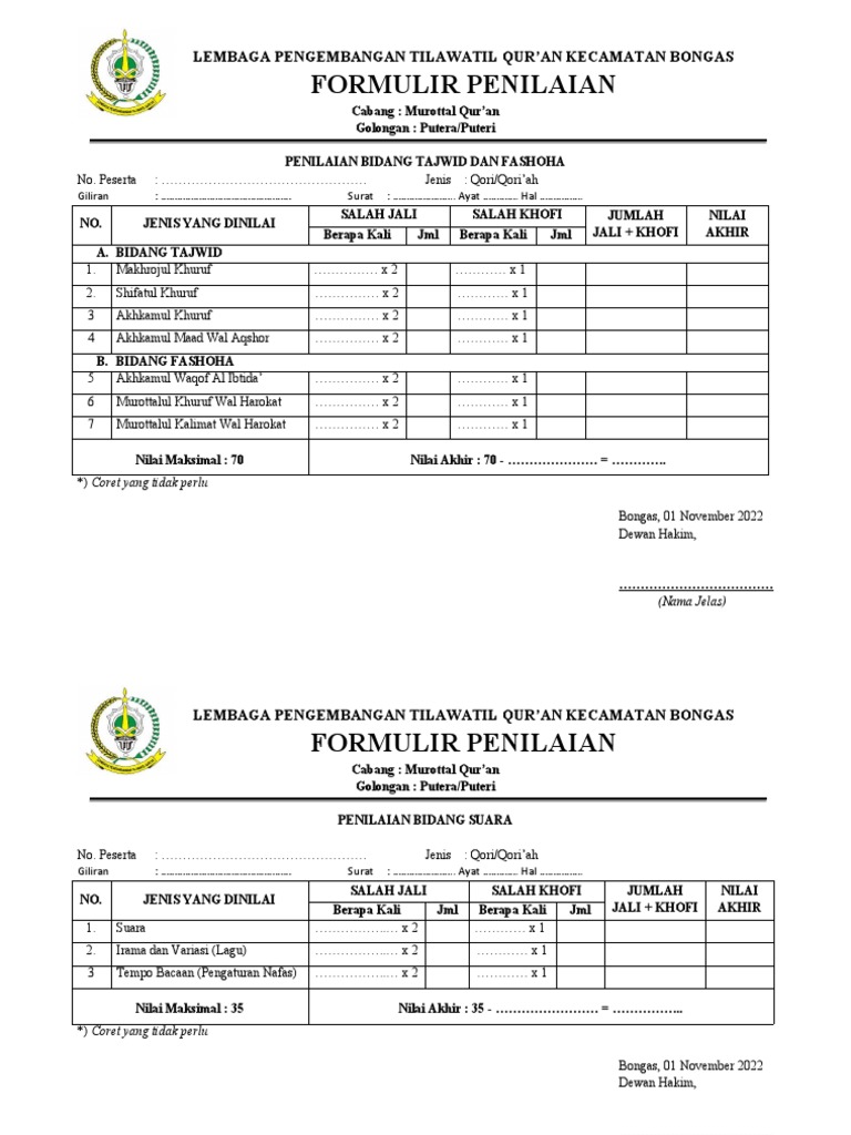 Form Penilaian MTQ | PDF