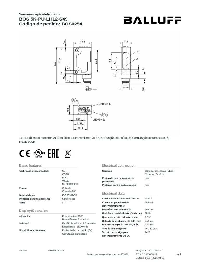 Datasheet BOS0254 253836 pt-SENSOR BALLUF | PDF