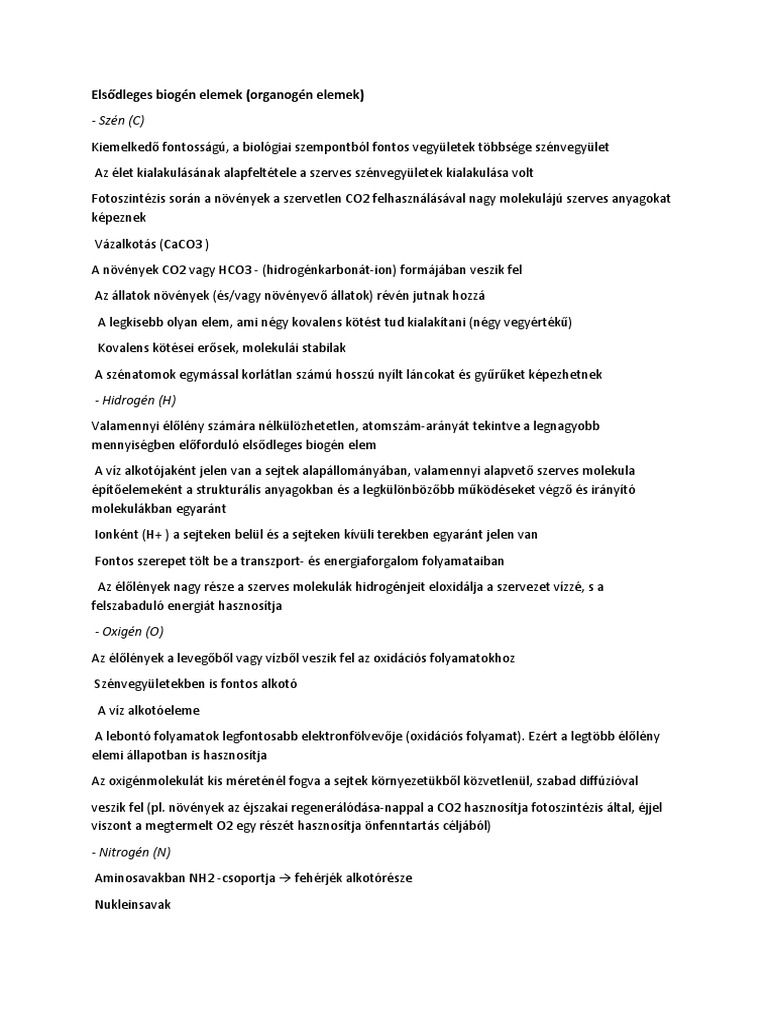 Elsődleges Biogén Elemek | PDF