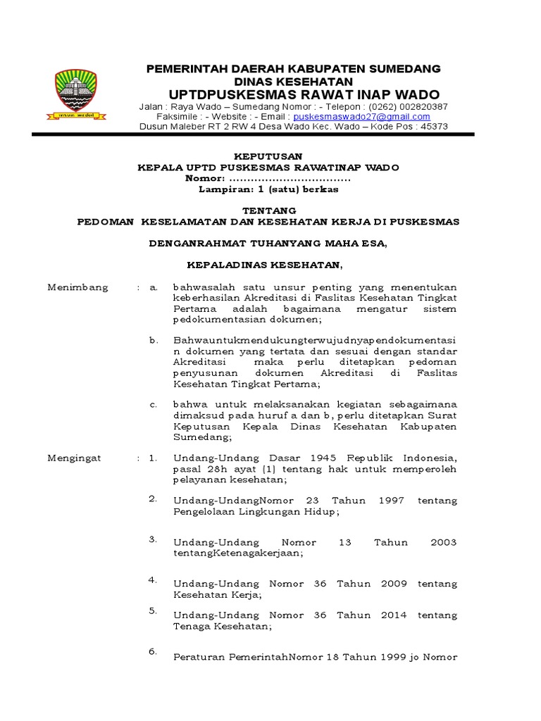 DRAFT SK PEDOMAN k3 PUSKESMAS | PDF