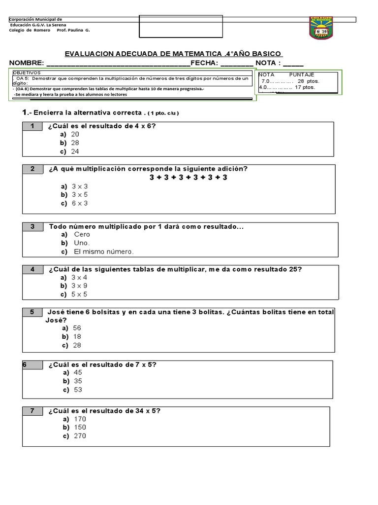 PRUEBA ADECUADA DE MATEMATICAS MULTIPLICACIONES 4° Nov. | PDF