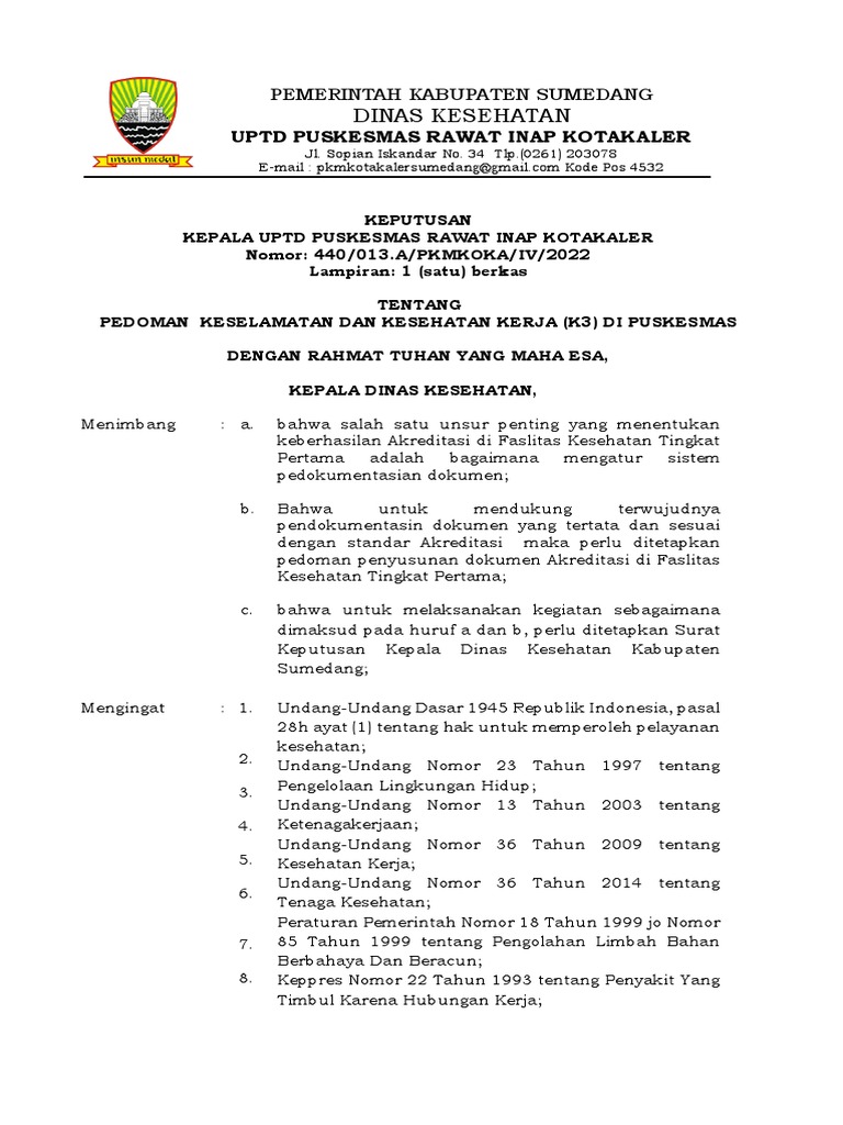 SK Pedoman K3 Puskesmas Kotakaler | PDF