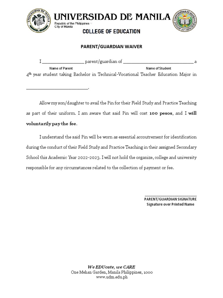 Waiver For Pin and Uniform | PDF