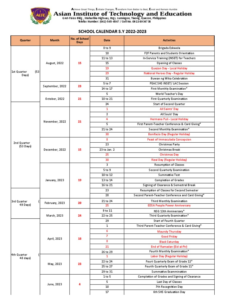 School Calendar SY 2022-2023 Philippines | PDF | Observances | Public ...
