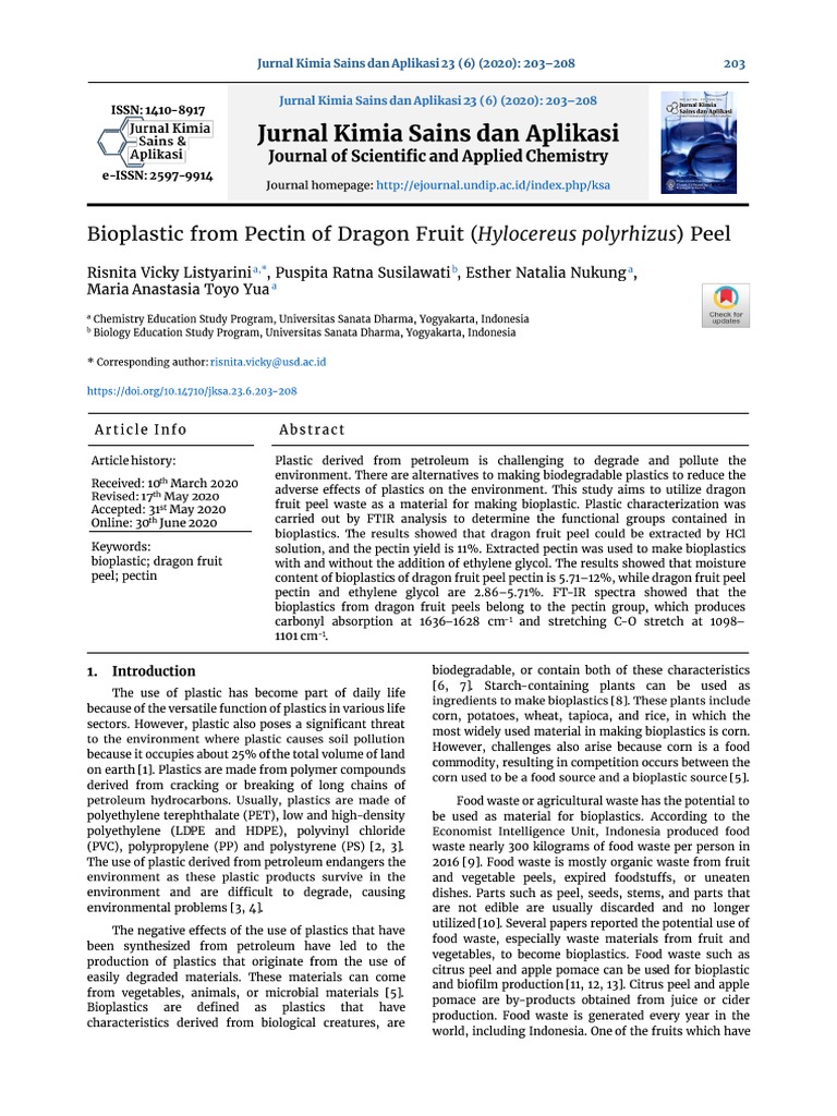 Bioplastic From Pectin of Dragon Fruit Hylocereus | PDF | Plastic | Polyethylene