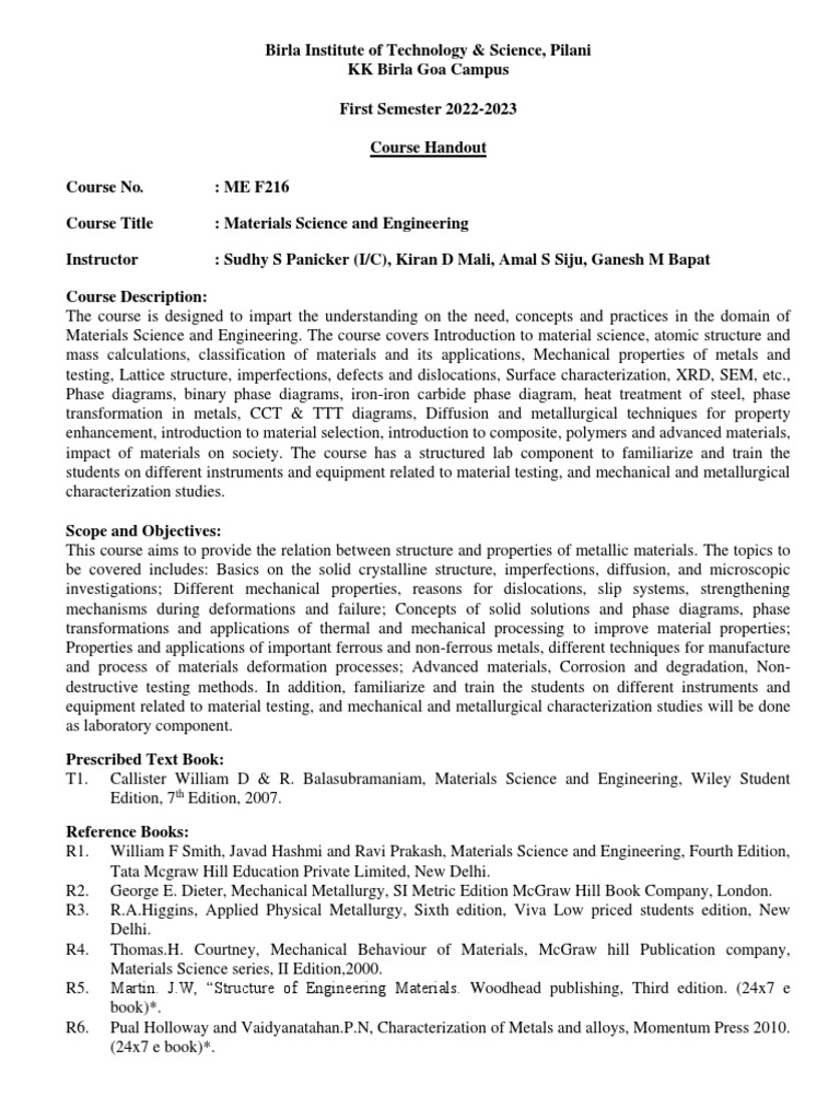 Course Handout MSE 2022-23 | PDF | Crystallite | Materials Science