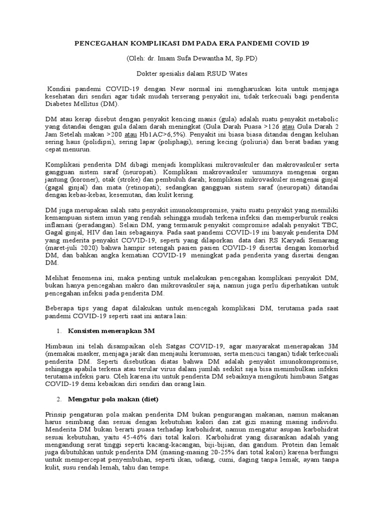 Pencegahan Komplikasi DM Pada Era Pandemi Covid 19 | PDF