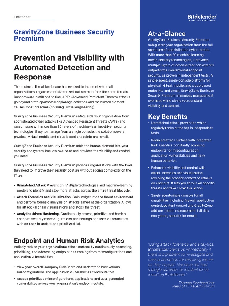 Bitdefender GravityZone Business Security Premium Datasheet en | PDF | Security | Computer Security