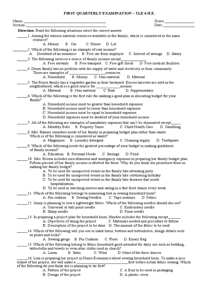 Grade 6 Home Economics Exam | PDF | Food Preservation | Foods