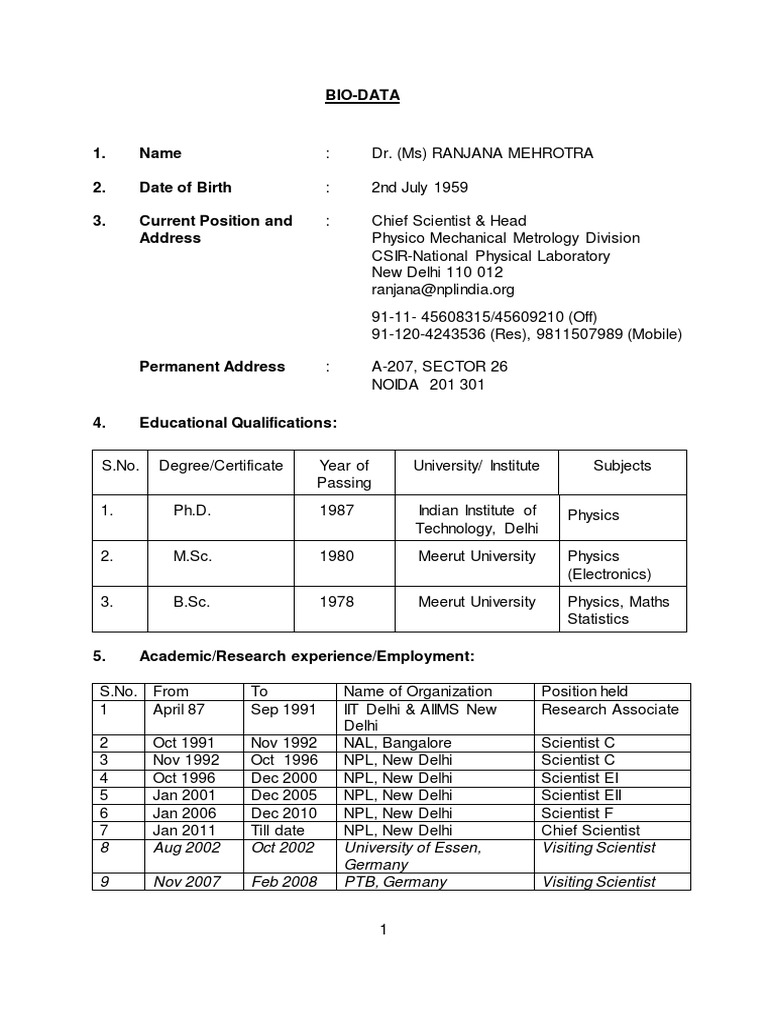 CV Ranjana Mehrotra BIS | PDF | Metrology | Science