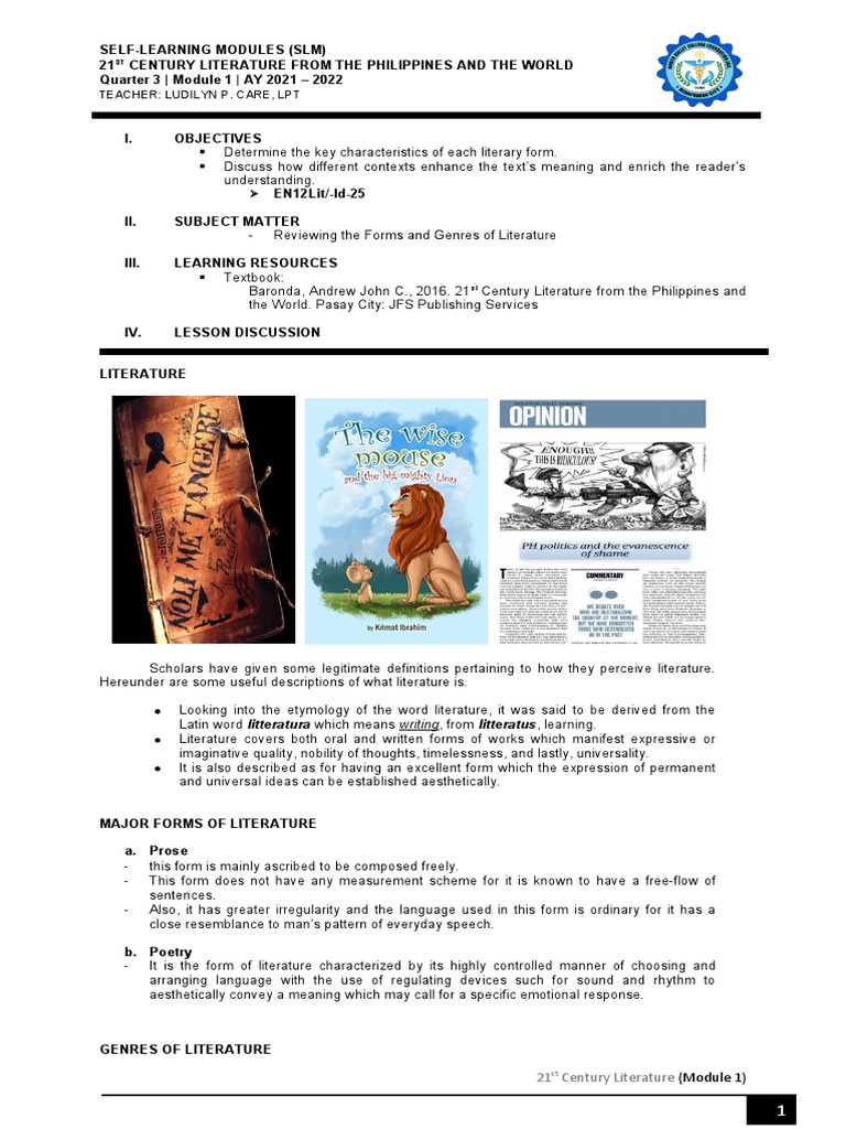 21 ST Century Literature Q3 M1 | PDF | Poetry | Lyric Poetry