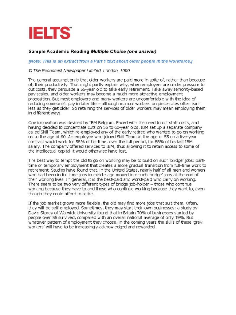 Academic Reading Sample Task Multiple Choice One Answer | PDF | Employment | Piece Work