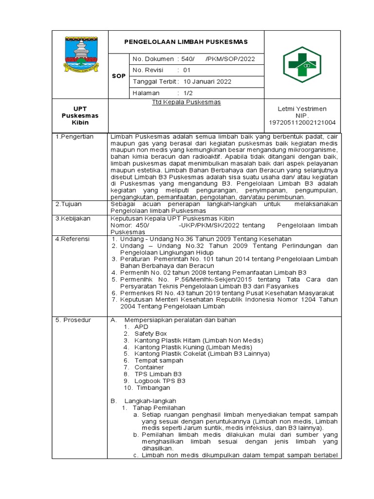 Sop Pengelolaan Limbah Puskesmas 2022 | PDF