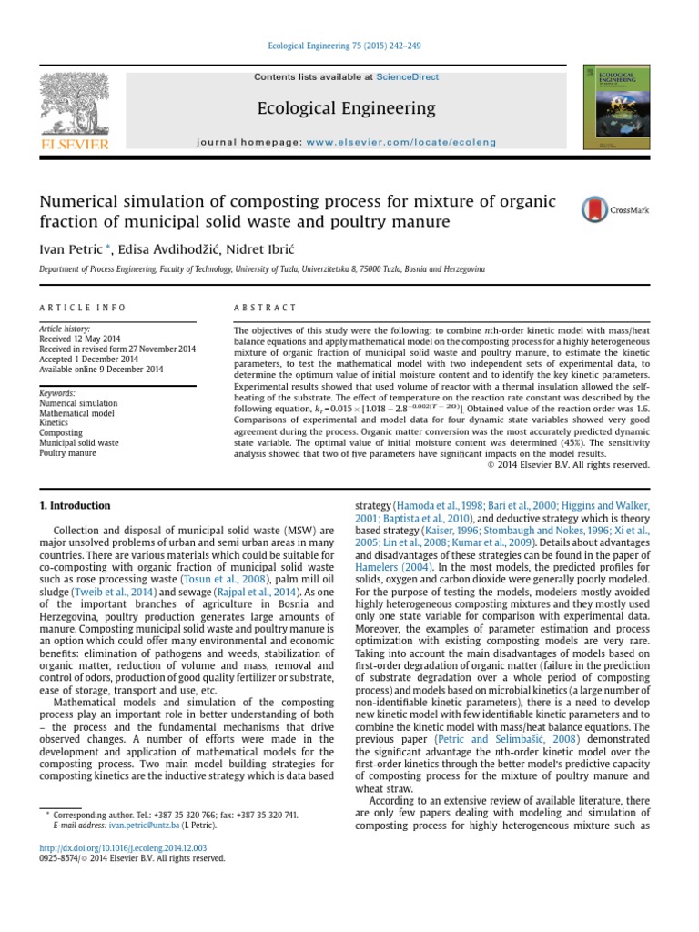 Numerical Simulation of Composting Process For Mixture of Organic Fraction of Municipal Solid ...