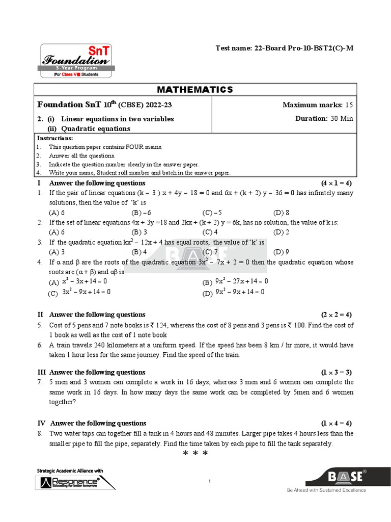 2-Linear Equations in Two Variables + Quadratic Equations Q | PDF ...