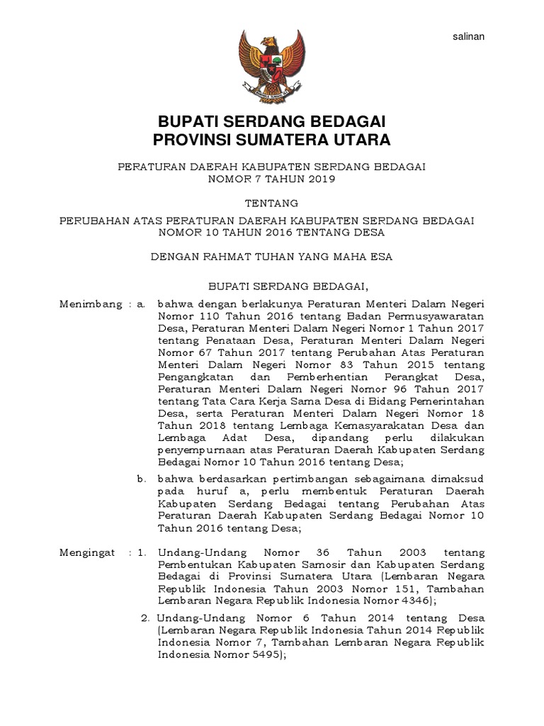 Perdano 7tahun2019tentangperubahannomor10tentangdesa | PDF