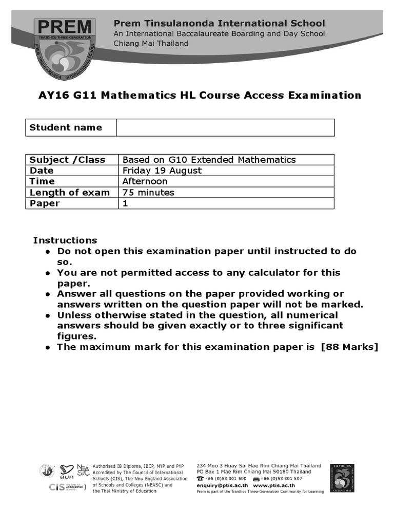 Maths HL G11 Access Exam P1 | PDF | Mathematics | Mathematical Objects