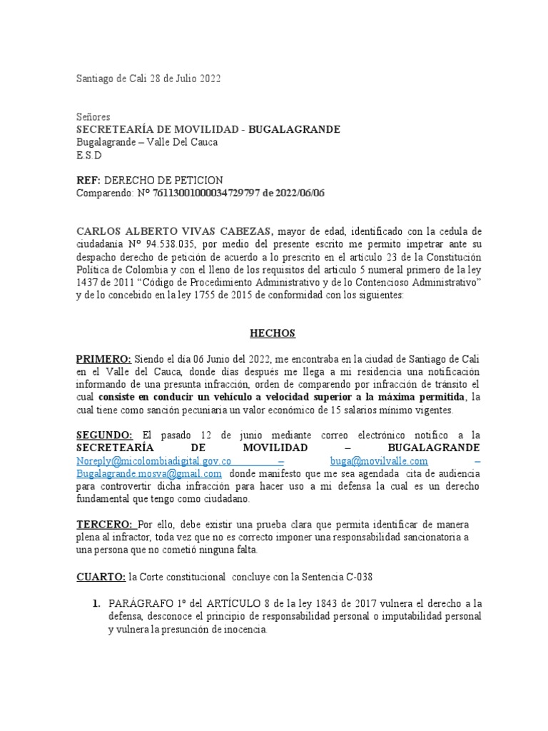 DERECHO DE PETICION Foto Multas | PDF | Petición | Constitución