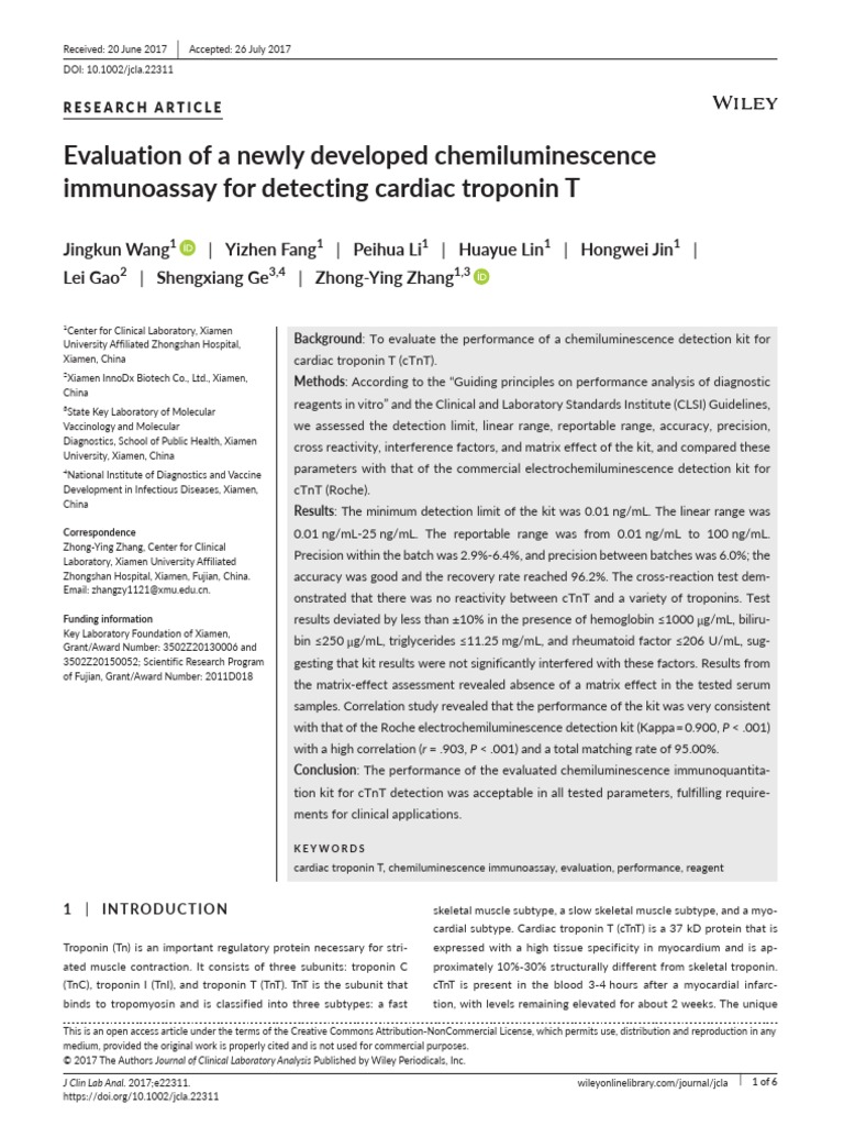 Evaluation of A Newly Developed Chemiluminescence Immunoassay For Detecting Cardiac Troponin T ...
