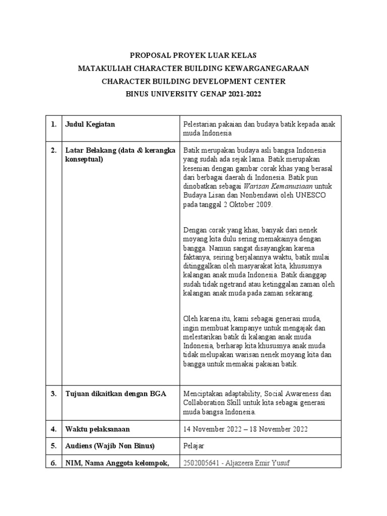 Group 5 - Proposal Proyek Luar Kelas Character Building Kewarganegaraan | PDF