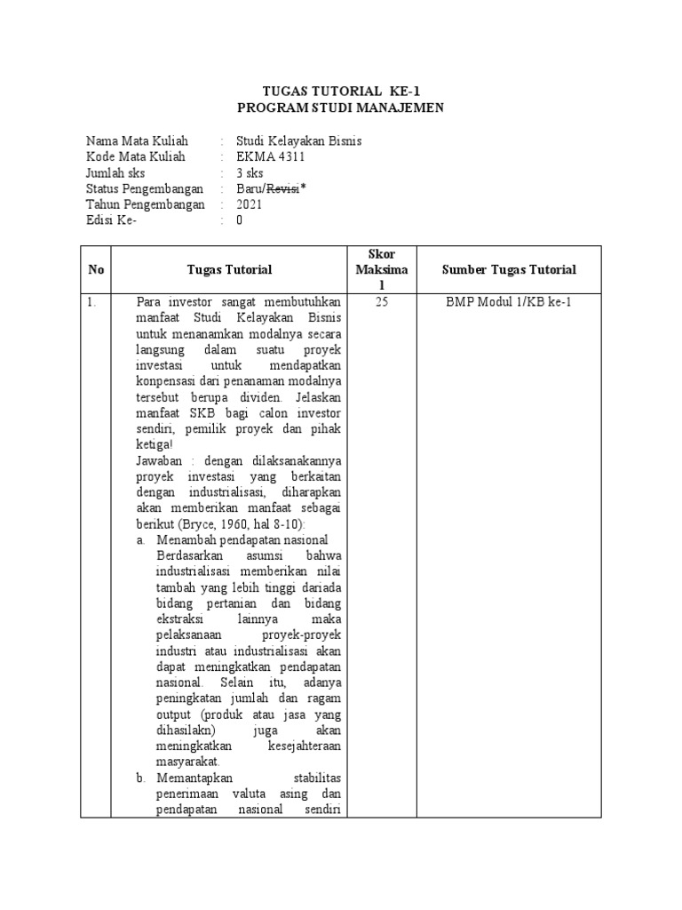 TUGAS KE 1 EKMA4311 - Studi Kelayakan Bisnis | PDF
