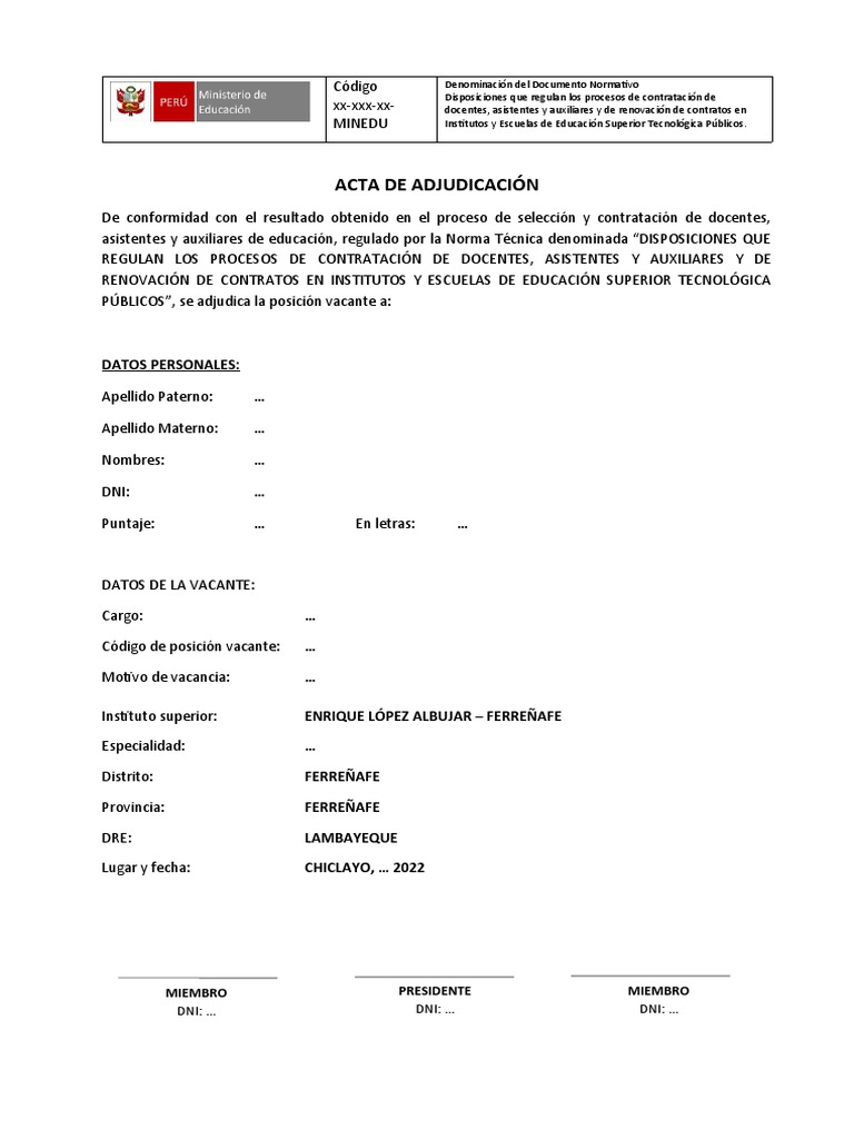 Formato Acta de Adjudicación | PDF