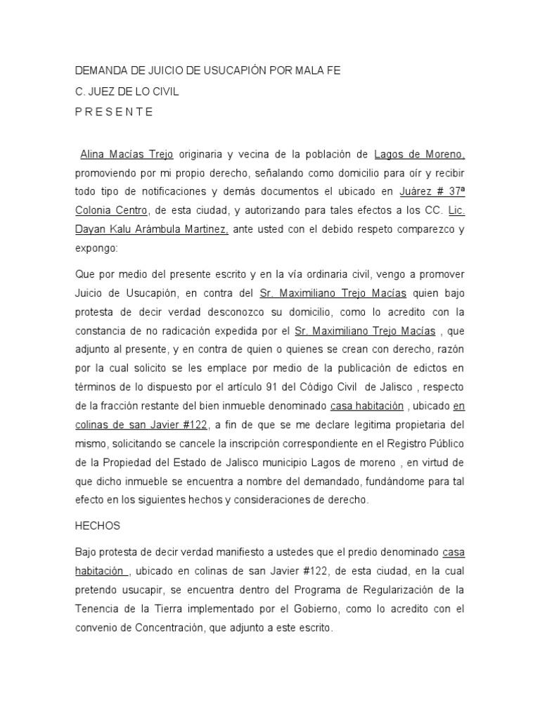 Demanda de Juicio de Usucapión Por Mala Fe | PDF | Demanda judicial | Justicia