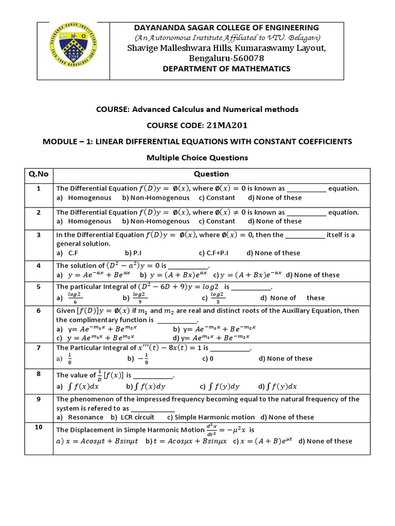 Mcqs | PDF | Equations | Differential Equations
