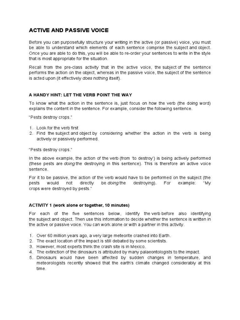 Active and Passive Voice - Exercise | PDF | Subject (Grammar) | Verb