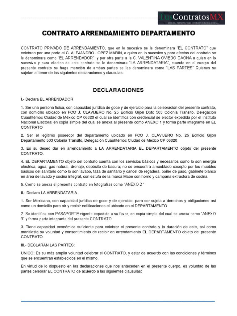 Descargar Contrato de Arrendamiento para Un Departamento | PDF | Derecho privado | Derecho civil ...