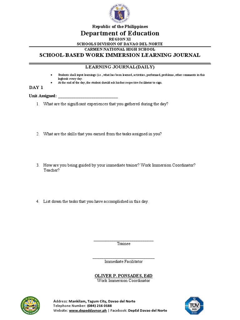 Daily Learning Journal for Work Immersion | PDF | Communication ...