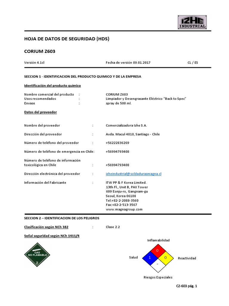 Peligros del desengrasante Corium Z603 | PDF | Cloro | Agua