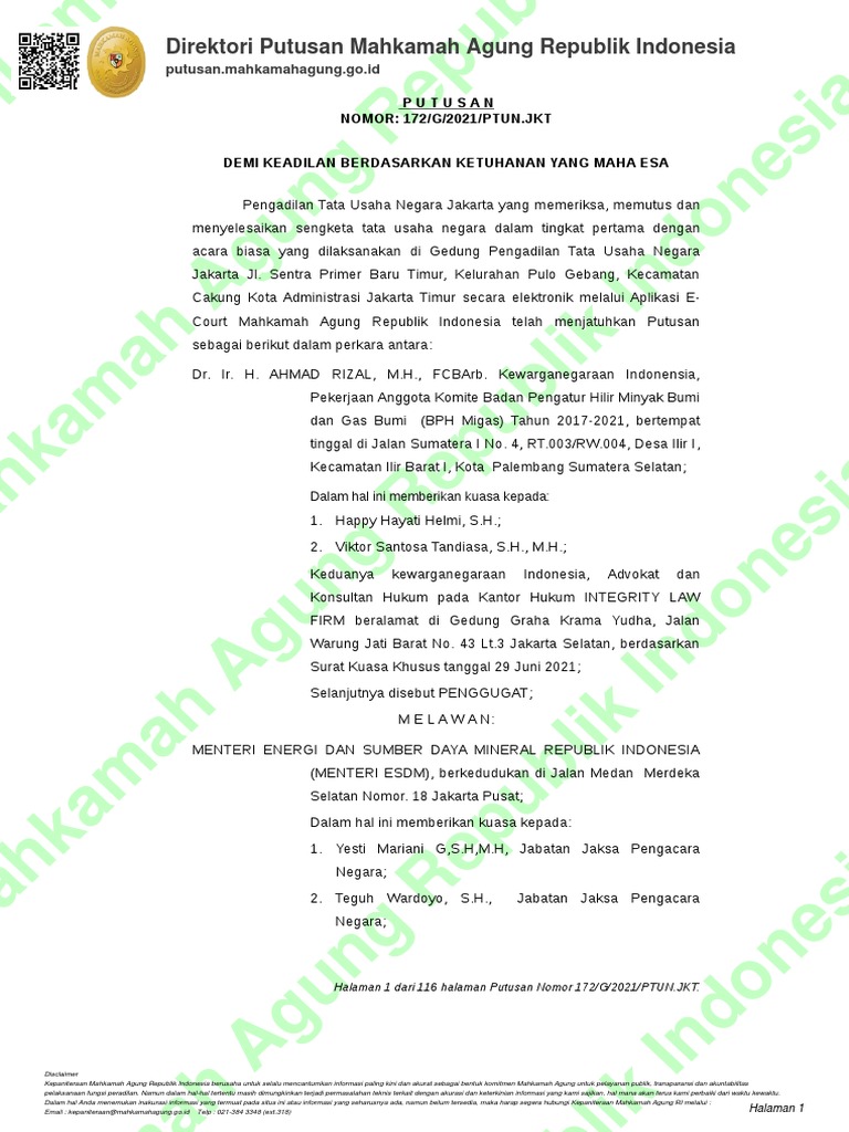 Putusan 172 G 2021 Ptun - JKT 20220105 | PDF