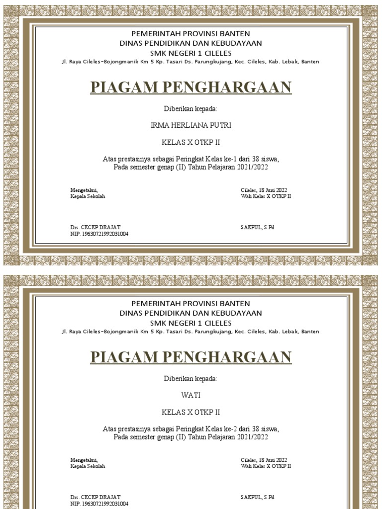 Piagam Kelas X Otkp 2 | PDF