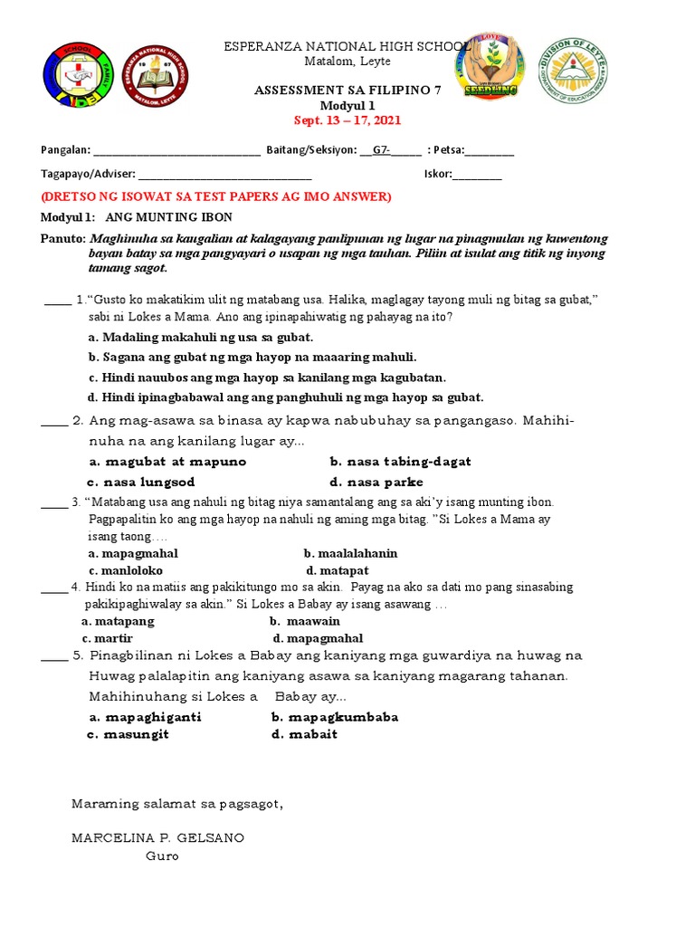 Filipino 7 q1 To q4 Mod Assessment | PDF