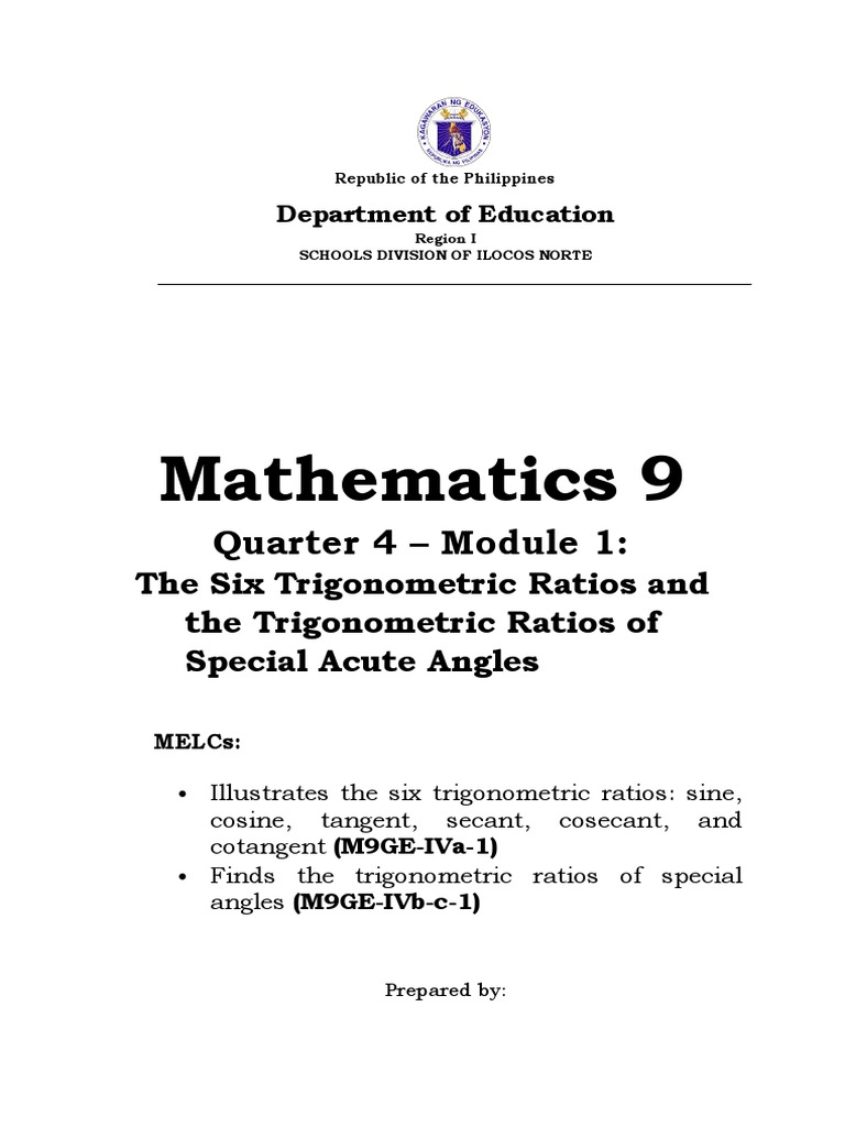 Math9 Quarter4 Week1 2 Module1 MELCs1to23 | PDF | Trigonometric ...